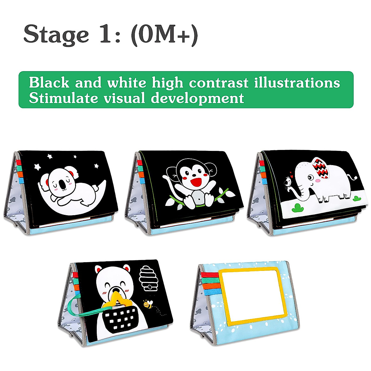 Aboosam Tummy Time Mirror Baby Toys 0-6 Months - Infant Toys Black and White High Contrast Baby Crinkle Toys 0-3 Months with Teether - Montessori Newborn Brain Development Sensory Toys for Babies