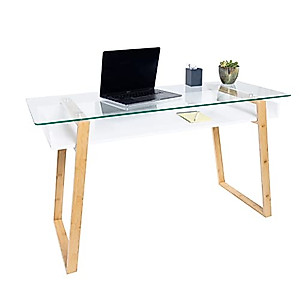 bonVIVO Massimo Small Desk - 47 Inch, Modern Computer Desk for Small Spaces, Living Room, Office and Bedroom - Study Table w/Glass Top and Shelf Space - White