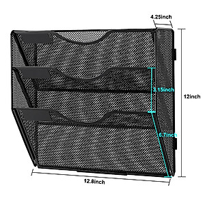 PAG Hanging Wall File Holder, 3 Tier Mail Sorter for Wall, Mesh Office Wall Organizer For Papers/Folders/Files Clipboard & Magazine, Black