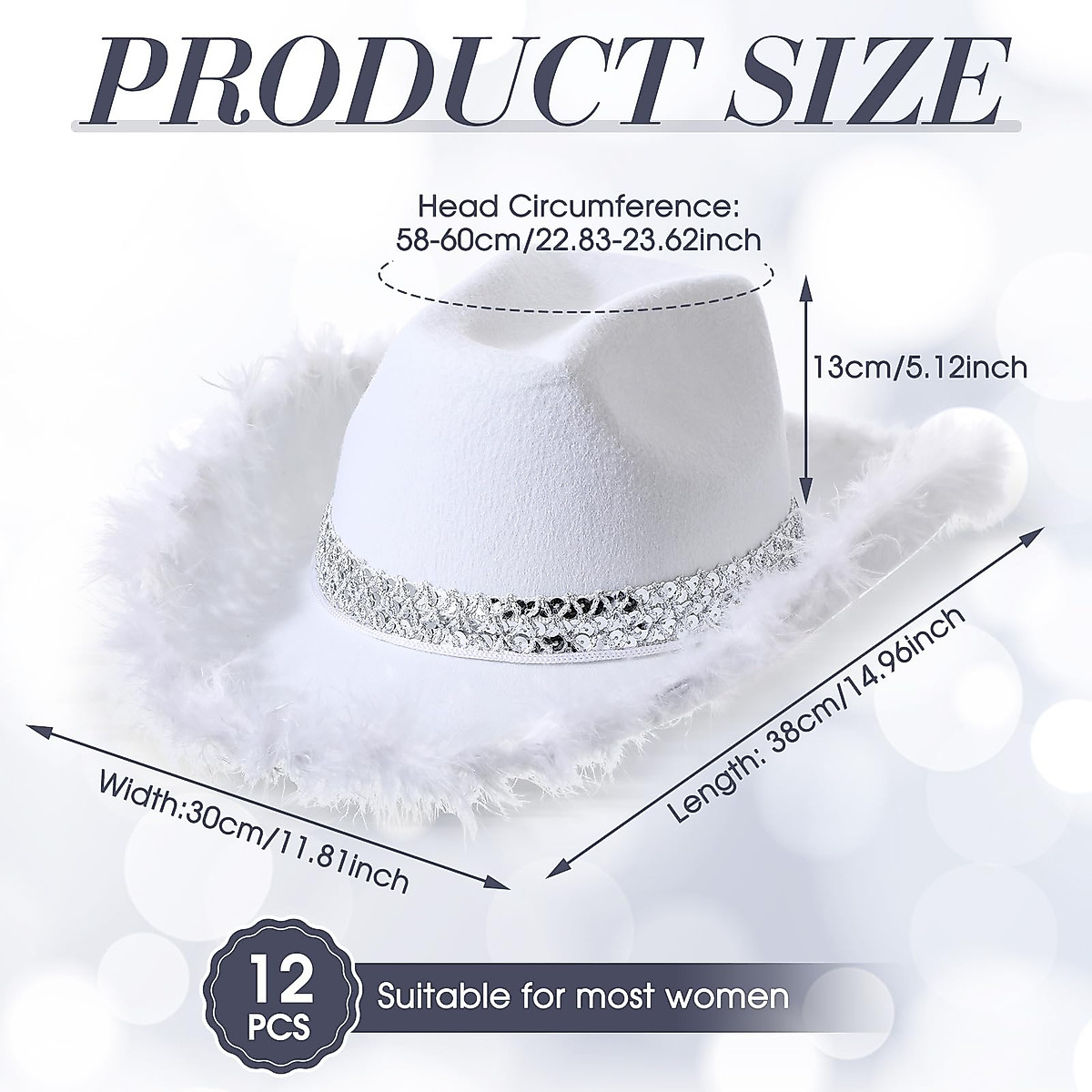 Unittype 12 Pcs Feather Sequin Cowgirl Hat for Women Party Birthday Halloween Western Costume Role Playing (White)