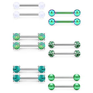 Yaalozei 14G Nipple Rings Piercing Jewelry for Women 14 Gauge Stainless Surgical Steel Green Turquoise Straight Nipplerings Nipple Barbell Bar Piercing Jewelry for Women 14mm