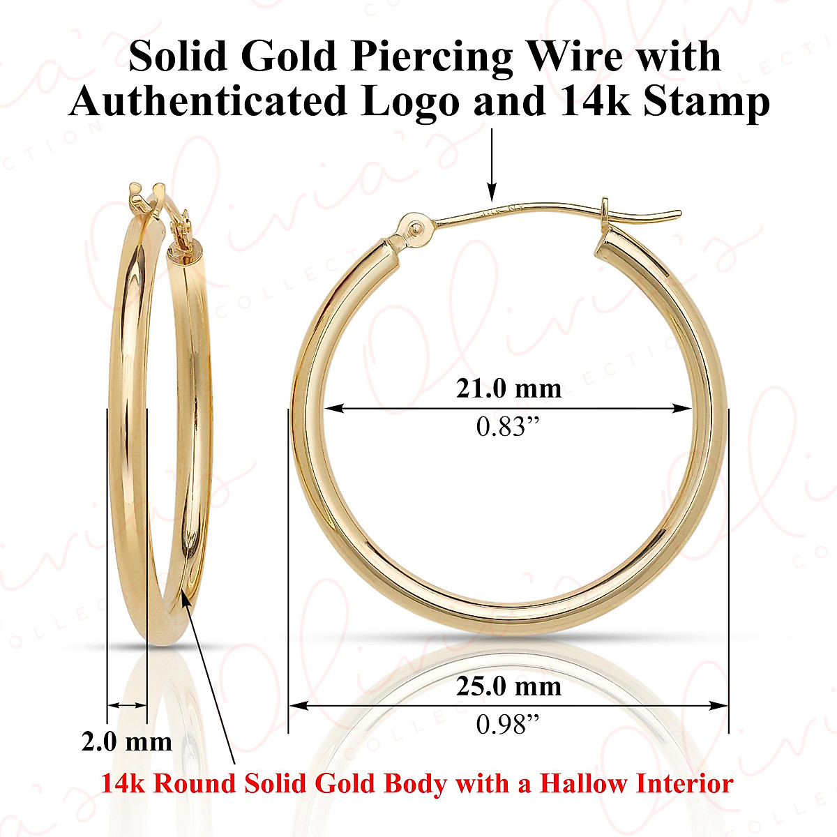 14k Yellow Gold Hoop Earrings 25x2.0mm
