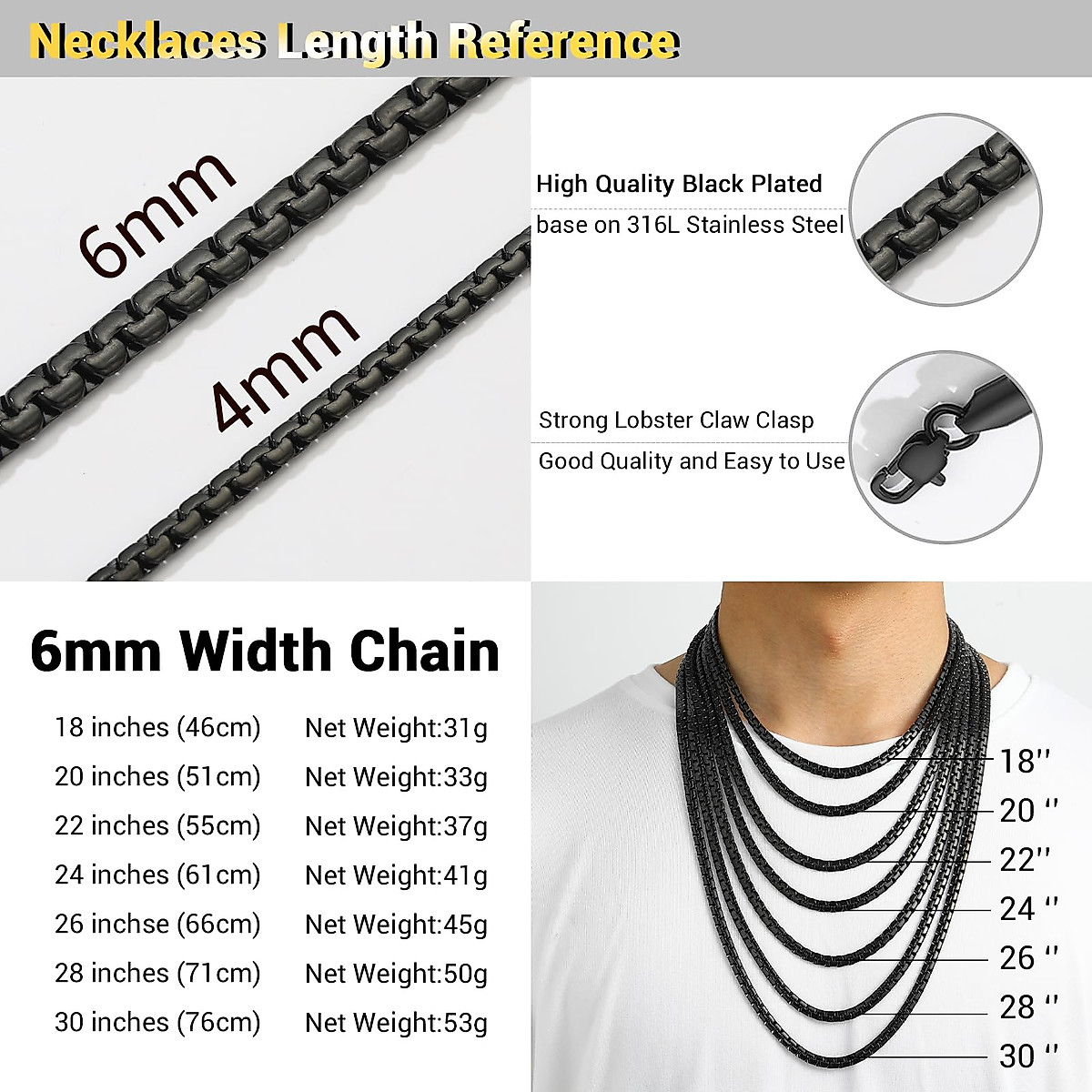 PROSTEEL Round Link Chain Layering Necklace Mens Jewelry Minimalist Chain Statement Black Necklace for Men