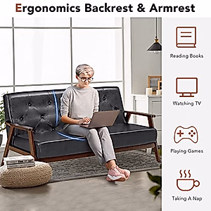 Giantex 3 Seat Sofa, Mid Century Retro Loveseat, Black Couch, PU Leather Upholstered Cushion, Rubber Wood Legs and Armrests, Stable A-Shaped Frame, for Living Room Bedroom Reception Room Office