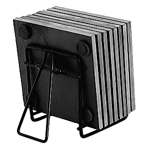 Set of 8 Square Black Slate Coasters with Holder for Coffee Table (4x4 in)