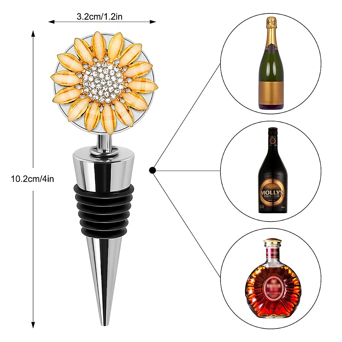 Soleebee 1 Pack Decorative Wine Stoppers, Delicate Diamond-Studded Wine Stopper with Animal and Plant Motifs, Reusable Beverage Bottle Stoppers for Bar, Party, Kitchen Decor (Sunflower)