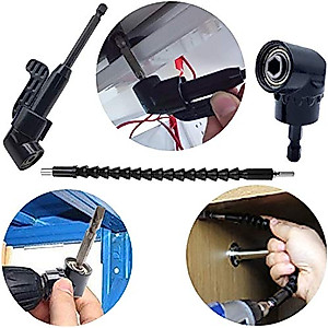 QISF 2Pcs Black 105 Degree 1/4 Inch Right Angle Drill Adapter Hex Shank Screwdriver Angled Bit Holder Extension Power Drill Tool + 1/4 inch Hexagon Flexible Screwdriver & Drill Extension Soft Shaft