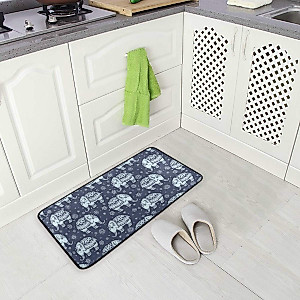 MOYYO Kitchen Mat Ethnic Indian Tribal Cute Elephant Kitchen Rug Mat Anti-Fatigue Comfort Floor Mat Non Slip Oil Stain Resistant Easy to Clean Kitchen Rug Bath Rug Carpet for Indoor Outdoor Doormat