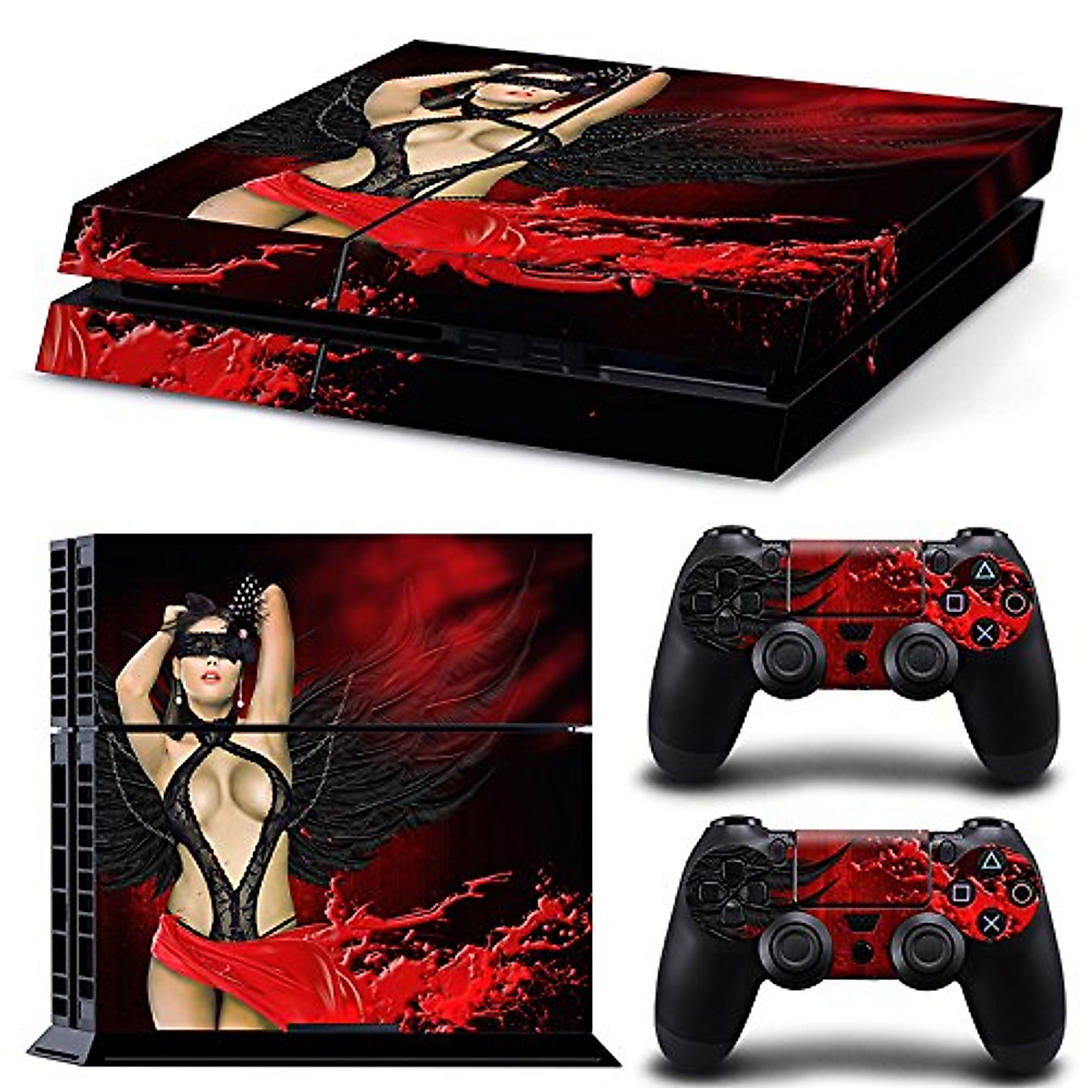 ZOOMHITSKINS PS4 Console and Controller Skins, Black Leather Red Sado Sexy Girl Art Painting Ruby Cherry, Durable, Bubble-Free Goo-Free, 1 Console Skin 2 Controller Skins, Made in USA