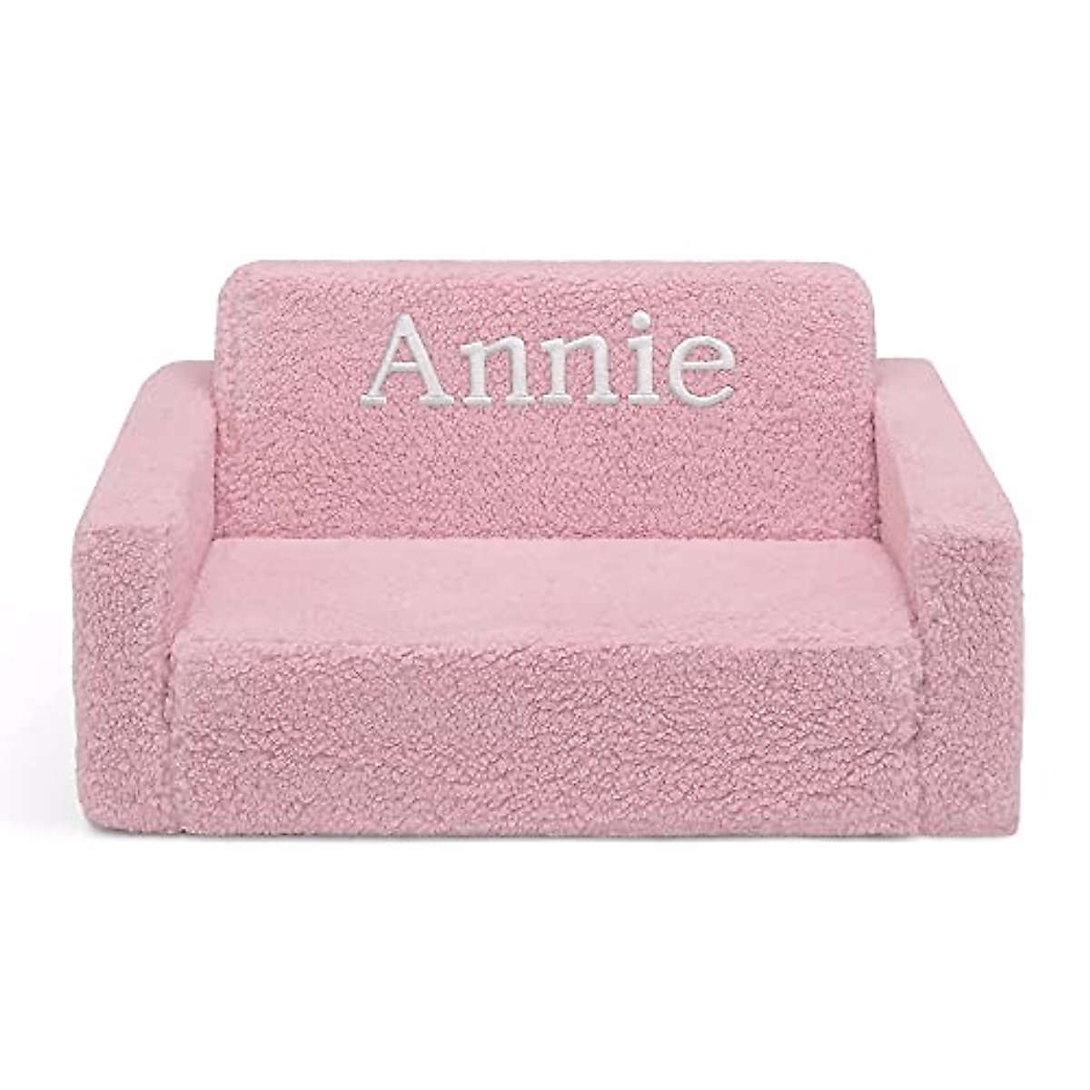 Delta Children Cozee Flip-Out Sherpa 2-in-1 Convertible Sofa to Lounger for Kids – Customize with Name, Pink