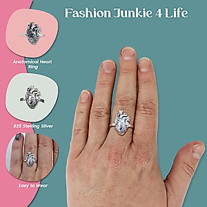 FashionJunkie4Life Anatomical Heart Ring - 925 Sterling Silver, Sizes 6-10, Lifelike Real Heart (9)