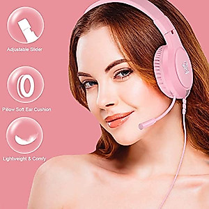 Pink Gaming Headset for Nintendo Switch, Xbox One, PS4,PS5, Bass Surround and Noise Cancelling with Flexible Mic, 3.5mm Wired Adjustable Over-Ear Headphones for Laptop PC iPad Smartphones