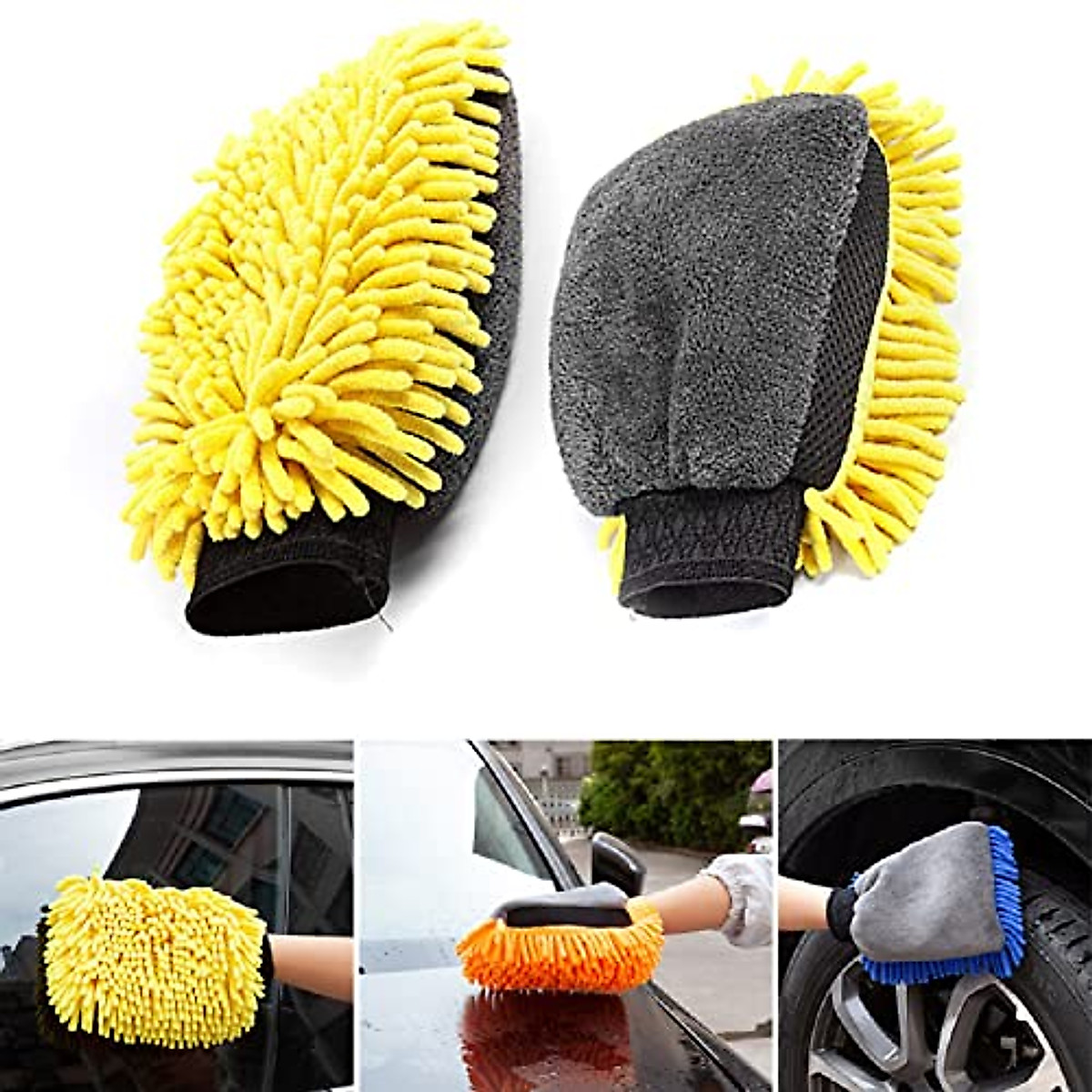 InfantLY Bright Dual-Sided Car Wash Mitts，Car Microfiber Chenille Gloves Thick Cleaning Mitt Scratch-Free Auto Care Double-Faced Glove for Clean Cars Trucks Motorcycles