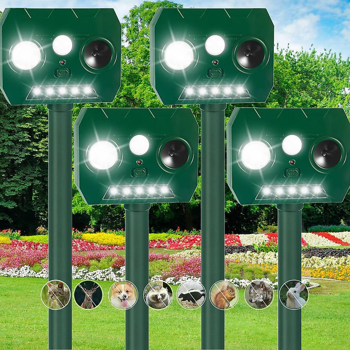 4 Pcs Solar Animal Repeller Outdoor Ultrasonic Animal Deterrent with Flash Light & Motion Sensor for Squirrel Cat Deer Skunk Rabbit Raccoon Dog Bird, Deer Repellent Raccoon Repellent for Yard Garden