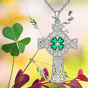 St Patricks Day Necklace Shamrock Necklace Celtic Cross Four Leaf Clover Necklaces for Women Sterling Silver Irish Shamrock Pendant Green 4 Leaf Clover Jewelry Lucky Gifts