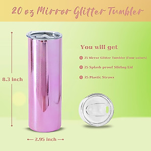 VEVELU 25 Pack 20 oz Stainless Steel Mirror Surface Glitter Sublimation Tumbler Blank with Straws Double Wall Insulated