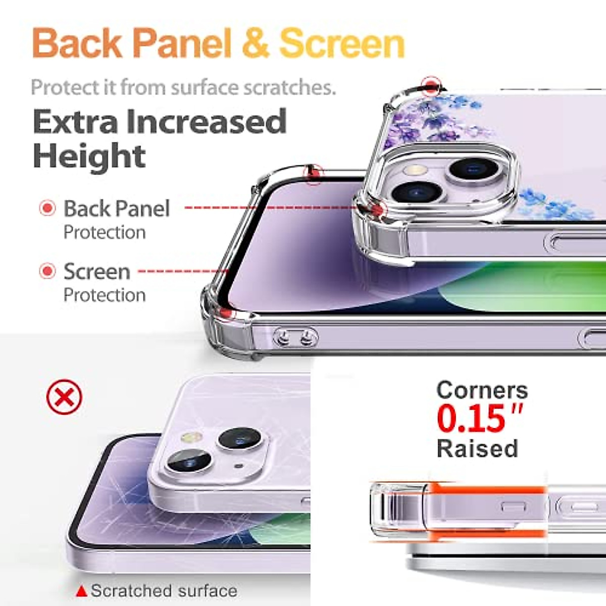 YOYORI Compatible with iPhone 14 Case with Screen Protector, Flower Pattern Design, Floral Clear Women Phone Case Shockproof Protective Soft TPU Bumper Cover 6.1 Inch 2022(Lavender/Purple)