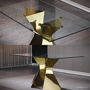 AUZ Gold Dining Table Set for 4, Modern Glass Dining Room Table with 6 White and Gold Dining Chairs, 5 Piece Luxury Dining Set for Kitchen and Dining Room