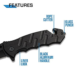 Mtech Black Tactical Rescue Knife with Aluminum Handle
