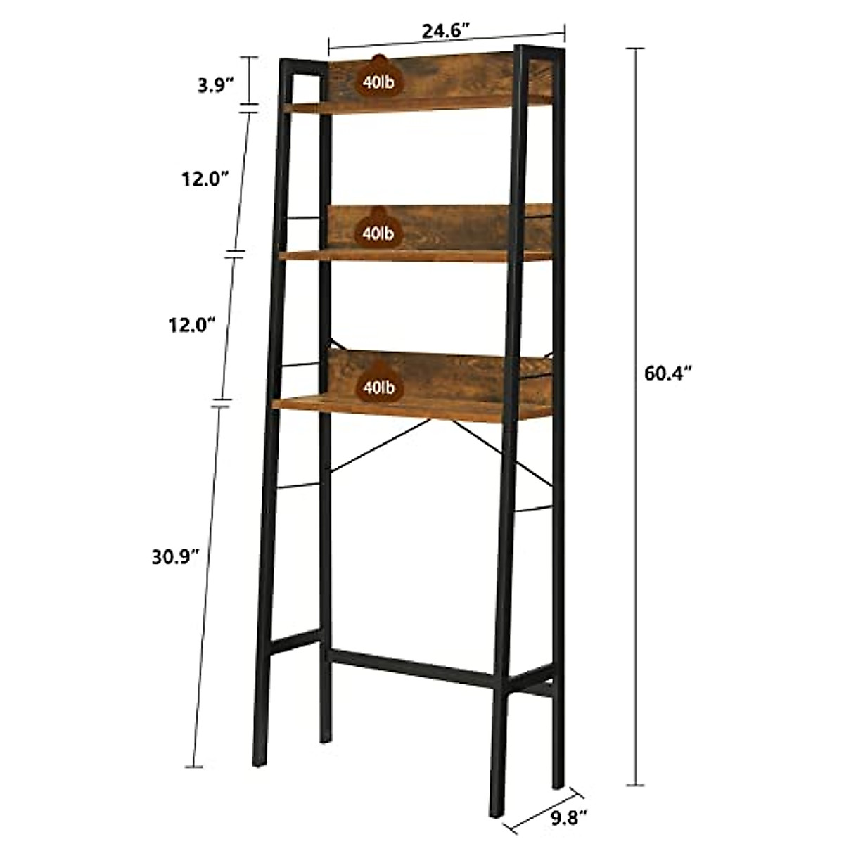 usikey Over The Toilet Storage Rack, 3-Tier Bathroom Shelf Over The Toilet, Multifunctional Toilet Storage Rack, Freestanding Above Toilet Stand with Metal Frame for Bathroom, Rustic Brown & Black