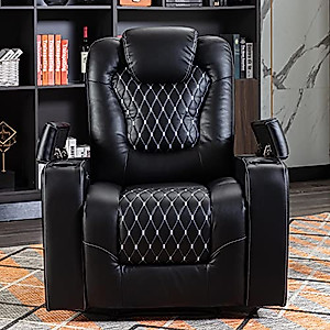 ANJ Power Recliner Chair with USB Ports and Cup Holders - Overstuffed Electric Home Theater Seating PU Leather Reclining Furniture with Hidden Arm Storage, Easy to Clean (Black)