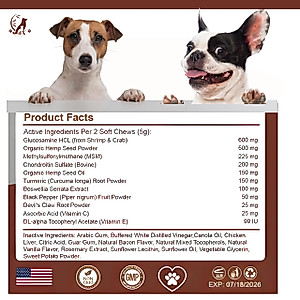 Maggie & ME Dog Pain Relief Hip and Joint Supplements | Glucosamine for Dogs 600mg | Organic Hemp Seed Powder/Oil 650mg | Chondroitin, MSM, Turmeric, Vitamins C & E+ | 120 Bacon Mobility Supplements