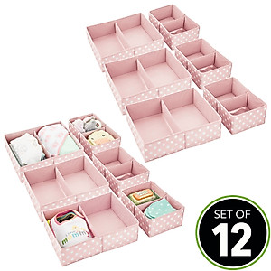 mDesign Fabric Drawer Organizer Bins, Kids/Baby Nursery Dresser, Closet, Shelf, Playroom Organization, Hold Clothes, Toys, Diapers, Bibs, Blankets, Set of 2, 6 Pack, Pink/White Polka Dot