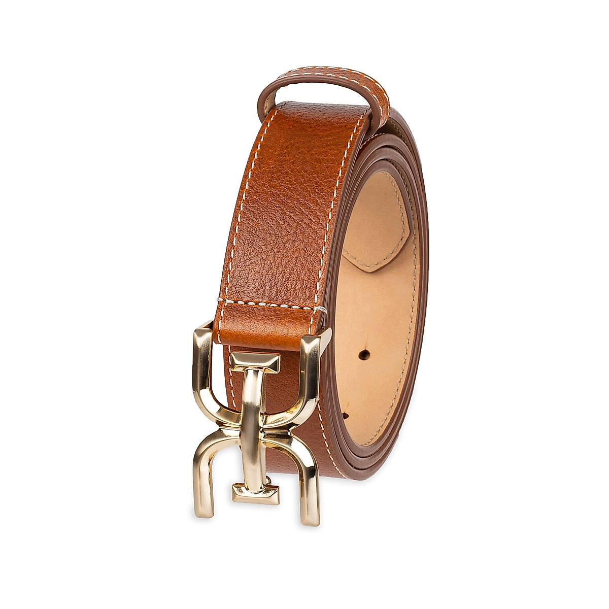 Sam Edelman Women's Slim Stitched Edge Double-E Plaque Buckle Belt, Saddle, Medium