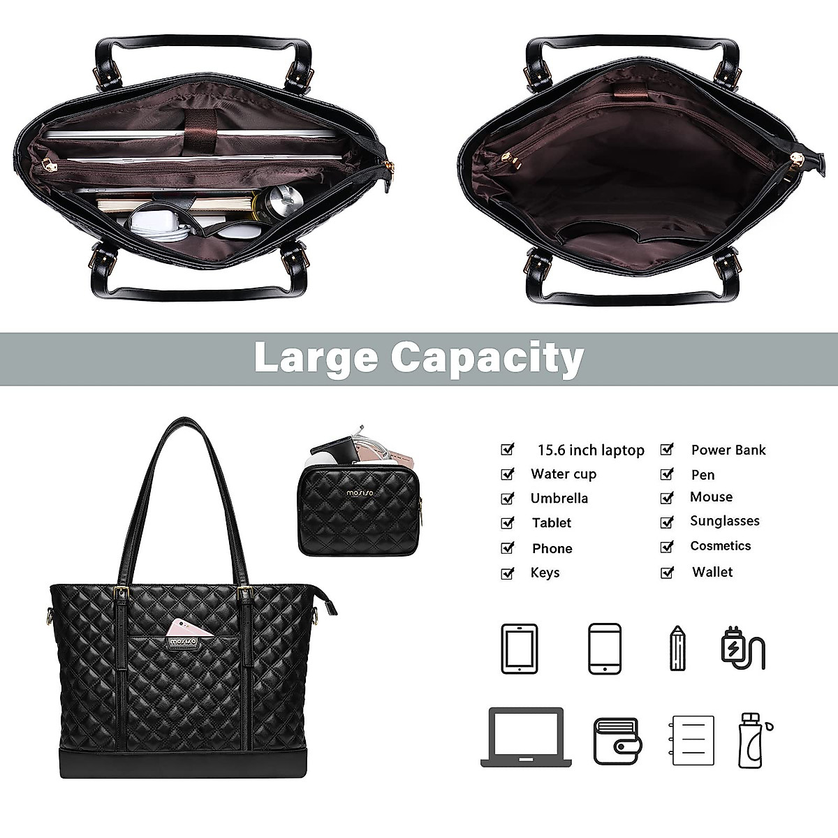 MOSISO Laptop Tote Bag for Women, 15.6 inch Briefcase Computer Bag Compatible with MacBook, HP, Dell, Asus Notebook, 16 inch Large Capacity Rhombus Quilted Leather Laptop Bag with Small Purse, Black