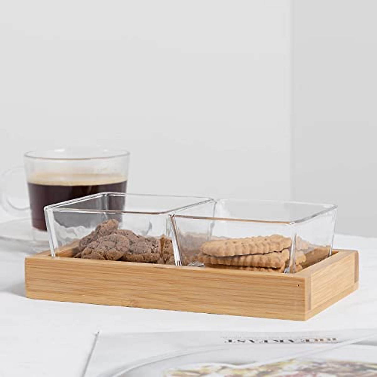 GOODSDECO Glass Serving Dishes with Wood Serving Tray, Divided Serving Platters with Wood Tray, Glass Bowl and Platters for Parties (2pcs)