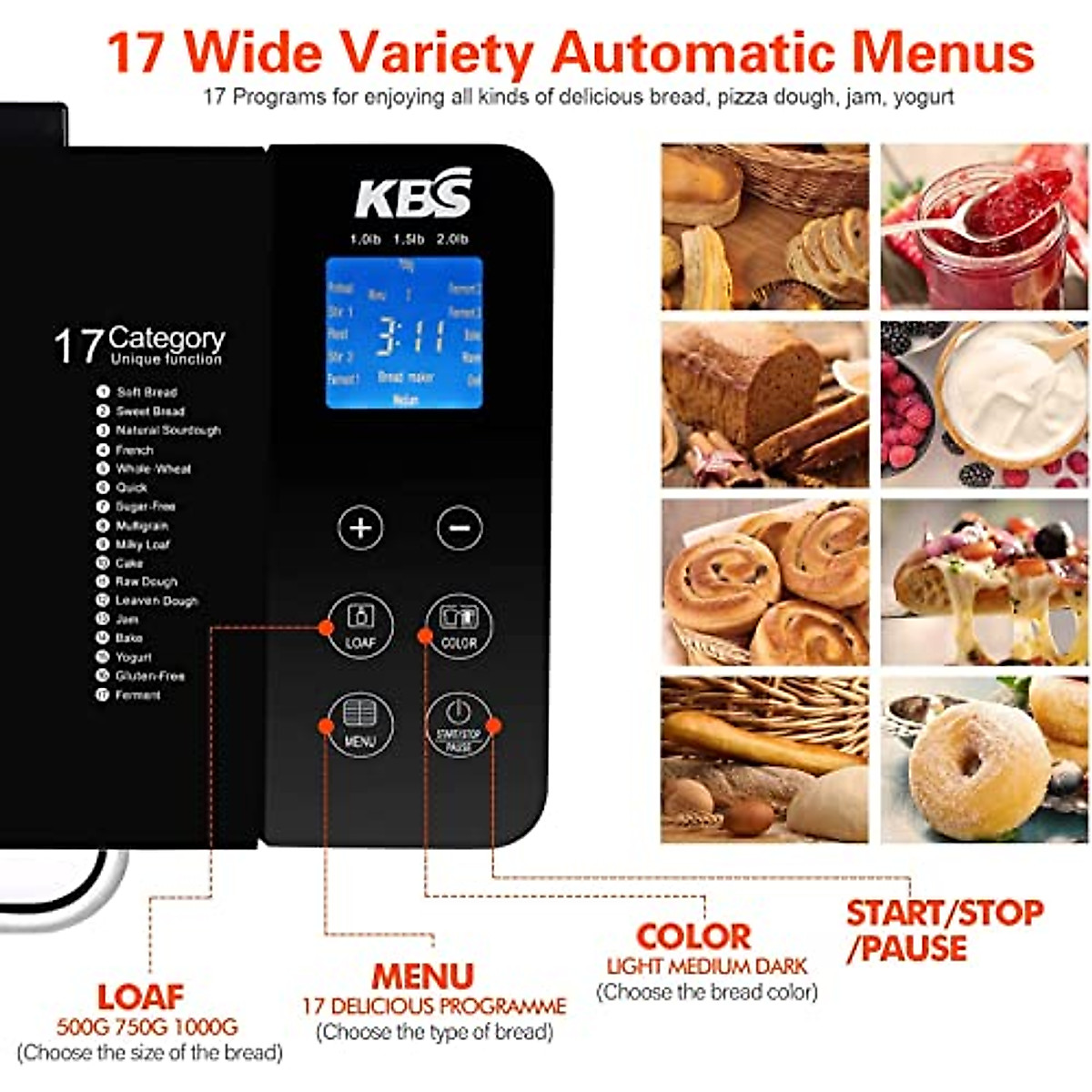 KBS Bread Maker-710W Dual Heaters, 17-in-1 Bread Machine Stainless Steel with Auto Nut Dispenser&Ceramic Pan, Gluten-Free, Dough Maker,Jam,Yogurt PROG, Touch Panel, 3 Loaf Sizes 3 Crust Colors,Recipes