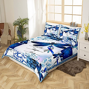 Feelyou Dragonfly Duvet Cover Set Blue Roses Printed Comforter Cover for Women Adults Retro Patchwork Design Bedding Set 1 Duvet Cover & 2 Pillowcases Queen Size