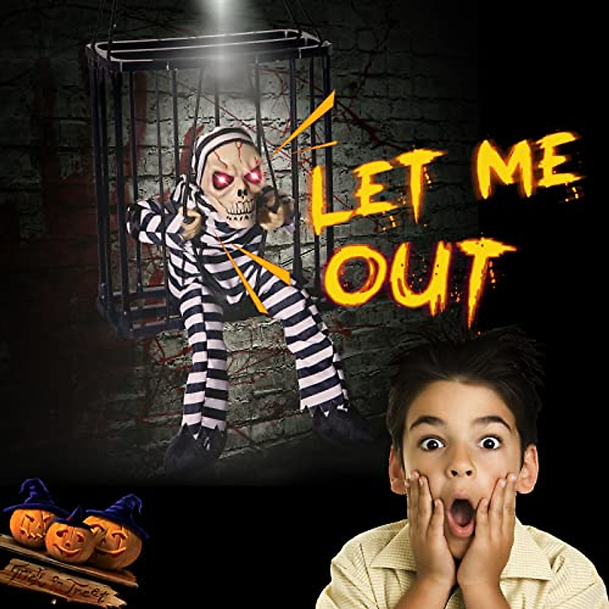 BINDUO Scary Halloween Decoration Outdoor Skull Decor with Motion Sensor Hanging Skulls Prisoner Cage Light Up Eyes Talking Spooky Spirit Halloween Animatronic Home Decor