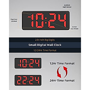 LED Digital Wall Clock with Large Display, Big Digits, Auto-Dimming, Anti-Reflective Surface, 12/24Hr Format, Small Silent Wall Clock for Living Room, Bedroom, Farmhouse, Kitchen, Office