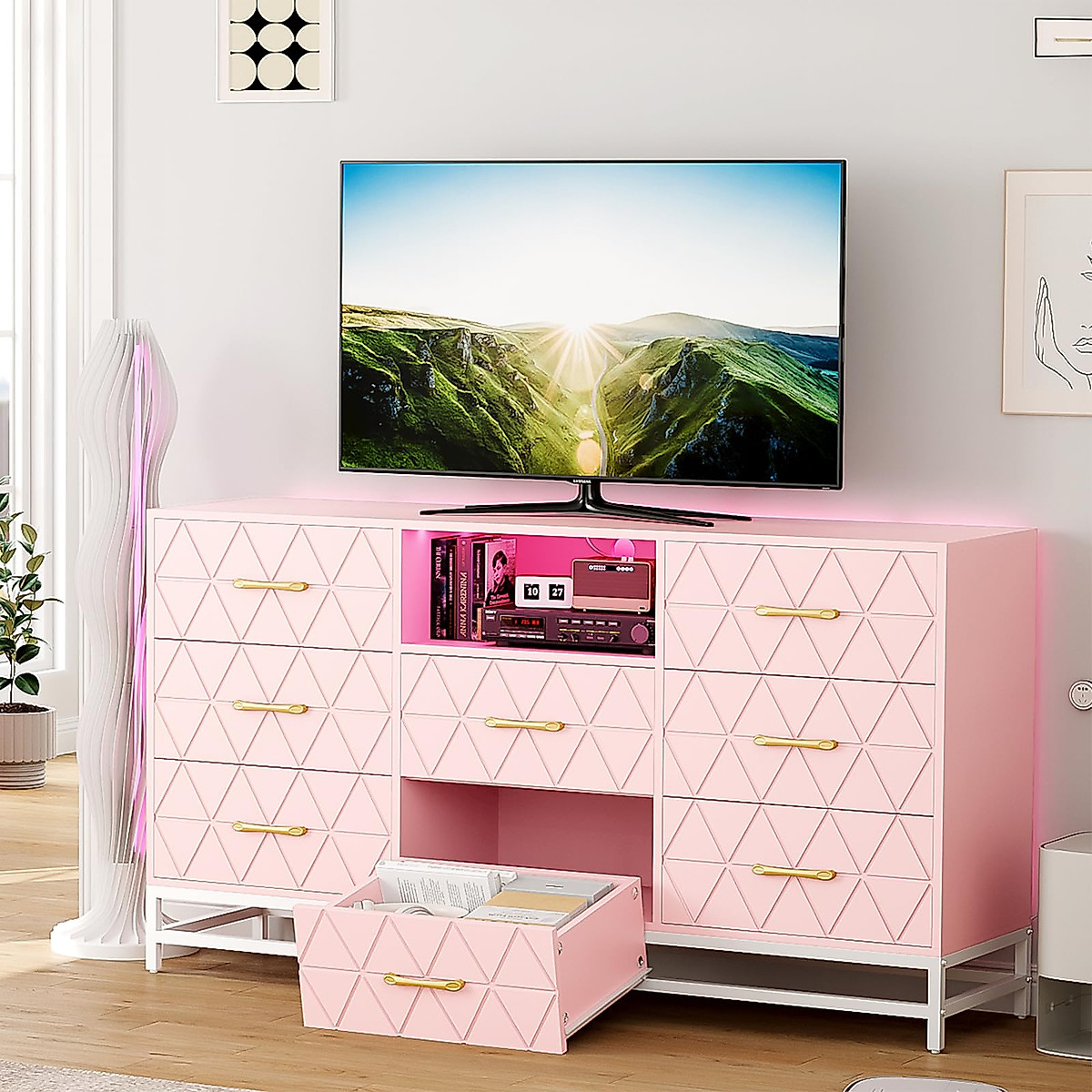 GarveeHome Pink Dresser for Bedroom with 8 Deep Drawer, 59" TV Dresser Wooden Large Long Dresser with Power Outlet and LED Lights, Modern Chest of Drawers Storage Organizer for Living Room, Hallway