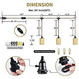 3 Light Plug in Pendant Lights Cord,Hanging Lamp Kit with Dimmable Switch 22 Ft Hemp Rope,Hanging Light with Plug in Cord,Rattan Woven Lampshade, Plug in Ceiling Light for Bedroom Living Room