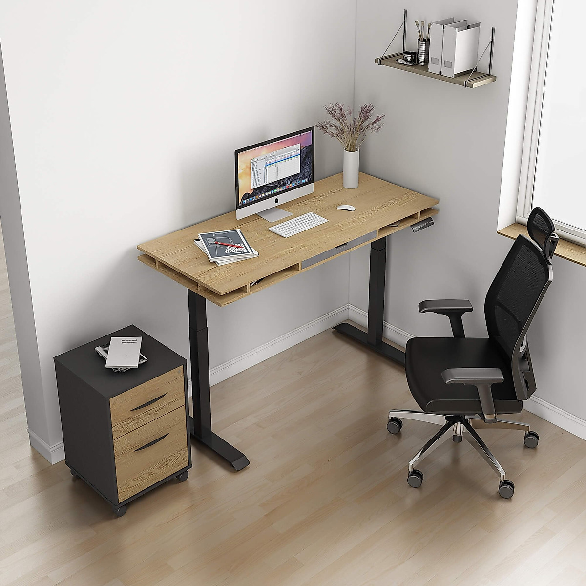 Height Adjustable Standing Desk Table with Drawer, Smart Desk Dual Motor Electric Standing Deak 55 x 24 inches Whole-Piece Desk Board Memory Controller Stand Up Desk for Home Office, Light Brown