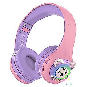 Riwbox Kids Headphones, Baosilon CB-7S Cat Kids Toddler Headphones with LED Light, 75/85/95dB Volume Limited, Kids Wireless Headphones with Mic for School/Tablet/Girls (Purple)