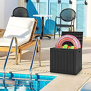Giantex 30 Gallon Deck Box, Patio Cubby Storage Chest with Lockable Lid & Built-in Handles, Weather Resistant Organization Container for Garden, Wood Grain Texture Outdoor Storage Bin(Black)