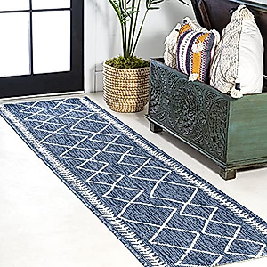 Eyely BMS129C-210 Santa Monica Derya Tribal Diamond Trellis Indoor/Outdoor Runner Rug Modern;Bohemian;Rustic, Bedroom, Kitchen, Backyard, Patio, Easy-Cleaning, Non-Shedding, 2 X 10, Blue/Ivory