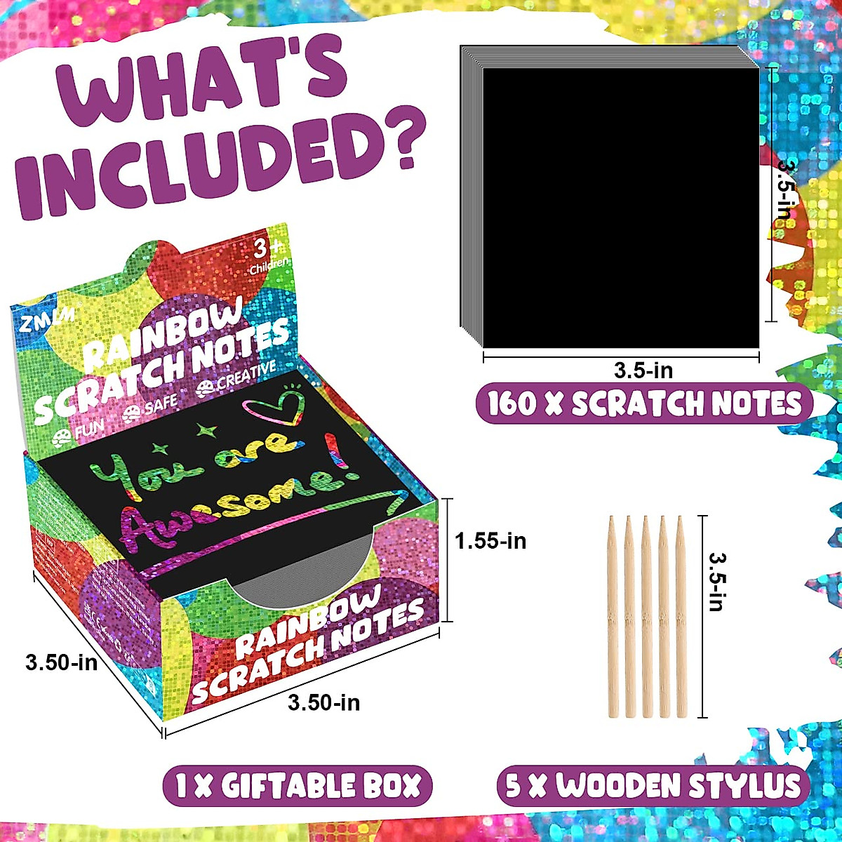 ZMLM Stocking Stuffers Gift for Kids - 165 Holographic Rainbow Scratch Paper Art Mini Notes Cards Bulk Party Favor Art Craft Supplies Toy for Girls Boys Birthday Christmas Halloween Box Gift