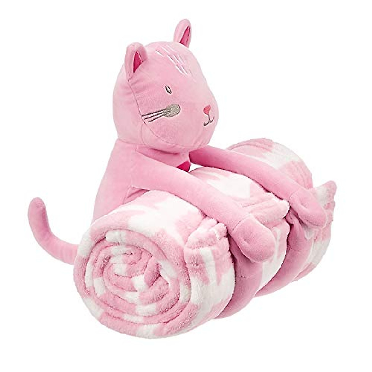 Amazon Basics Kids Pink Kitties Patterned Throw Blanket with Stuffed Animal Cat