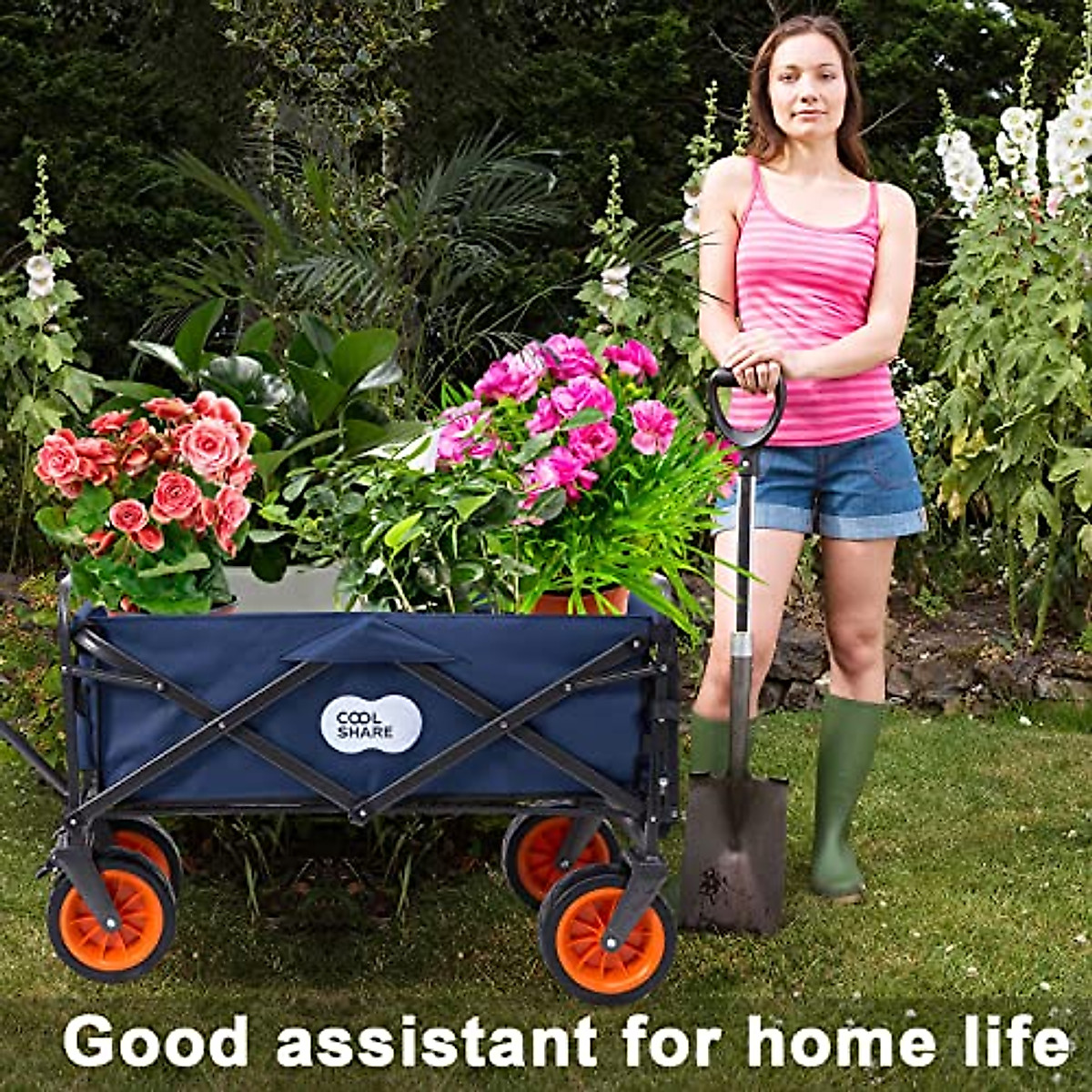 Collapsible Wagon with Big Wheels,Portable Folding Beach Wagon Cart with 330Lbs Capacity,Heacy Duty Utility Foldable Wagon Cart with Aluminum Table and Gate Open Desgin for Camping,Garden(Navy Blue)