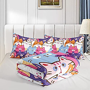 BSNTHO Cute Cat Comforter Set for Kids Boys Girls Cartoon Cat Kawaii Bedding Sets Full Size Kitten Comforter with 2 Pillowcases for All Season Skin-Friendly Lightweight
