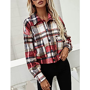 UANEO Womens Cropped Plaid Shacket Brushed Button Down Casual Flannel Shirt Jacket (Red, Large)