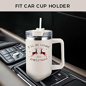 LB LEOBON 40 ounce insulated cup with handle, double-layer vacuum stainless steel material, equipped with straw, can keep warm or maintain cold drinks Reindeer I'll Be Home for Christmas white