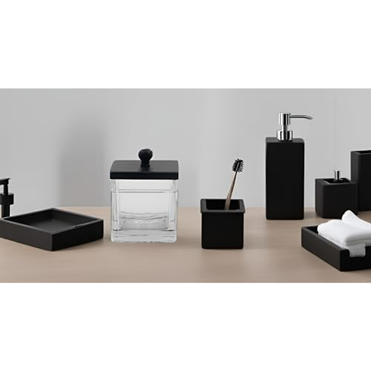 Indecor Home H Halston Apothecary Glass Cotton Jar Holder for Qtips, Cotton Balls, Floss, Storage Canister ,Bathroom Organization, With Matte Black 304L Stainless Steel Lid, Makeup Vanity Organizer