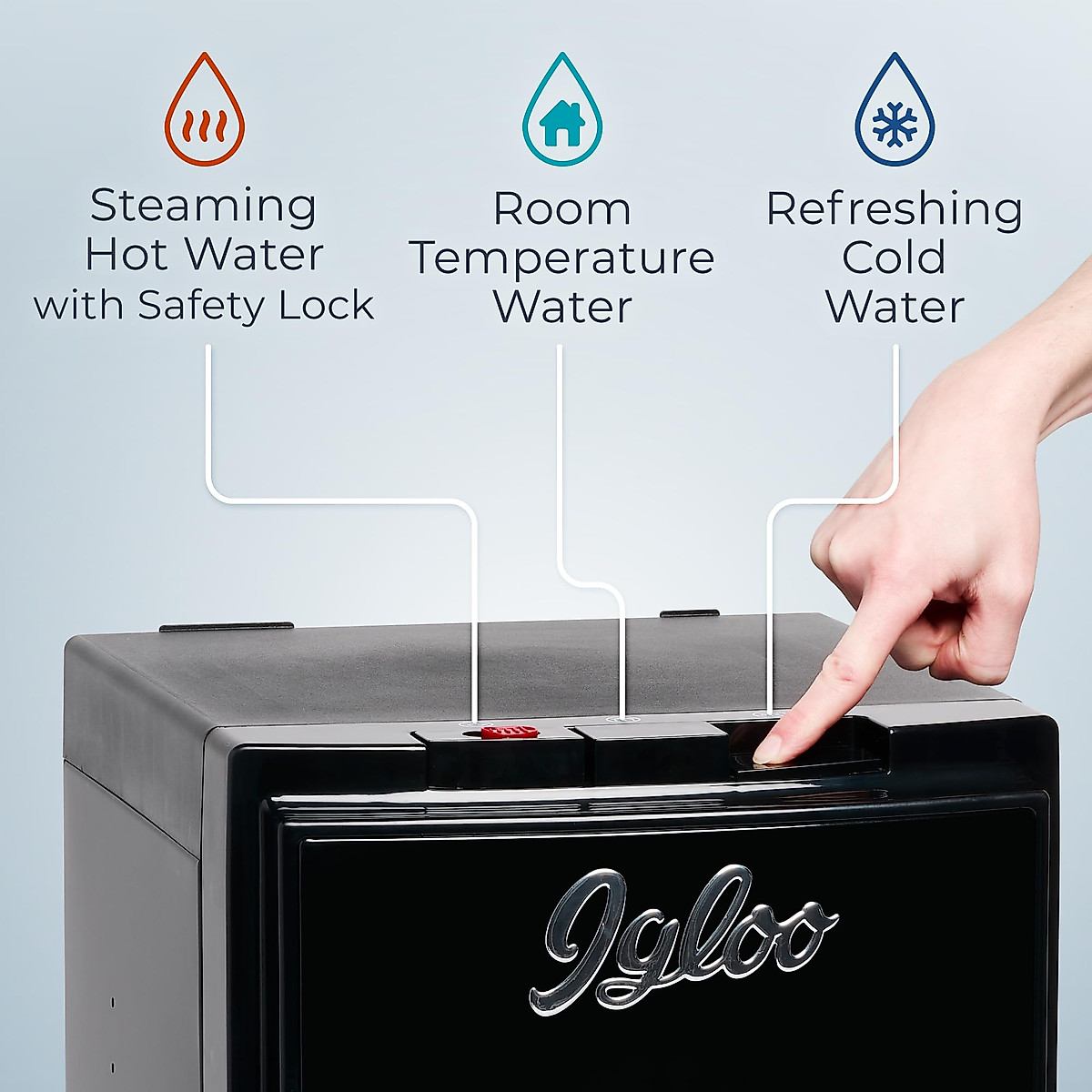 Igloo Retro Bottom Load Water Dispenser, Hot, Cold or Room-Temperature Water, Holds 3 or 5 Gallon Bottles, Child Safety Lock, Perfect for Homes, Kitchens, Dorms, Black