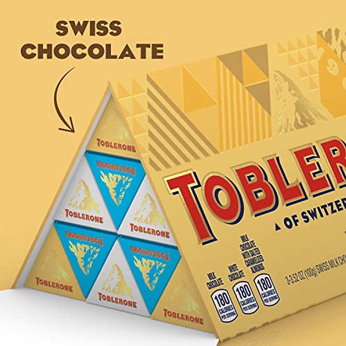 Toblerone Swiss Chocolate Gift Set, Milk Chocolate, White Chocolate & Crunchy Salted Caramelized Almond, 9 - 3.52 oz Bars
