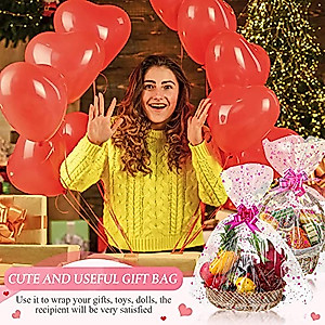 15 Pcs Clear Basket Bags Valentine Heart Printed Cellophane Basket Bags and with 15 Pcs Pull Bows, 22.8 x 28 Inches Gift Wrapping Supplies Cookie Bags for Dolls Gifts Candy Crafts Fruits